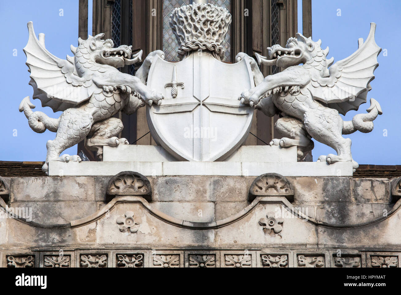 A beautiful sculpture of the City of London crest on the facade of ...