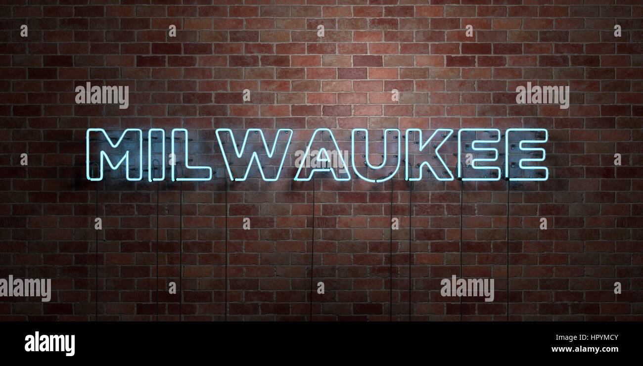 MILWAUKEE - fluorescent Neon tube Sign on brickwork - Front view - 3D ...