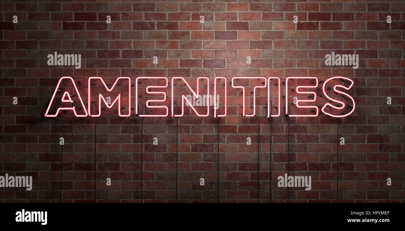 AMENITIES - fluorescent Neon tube Sign on brickwork - Front view - 3D ...