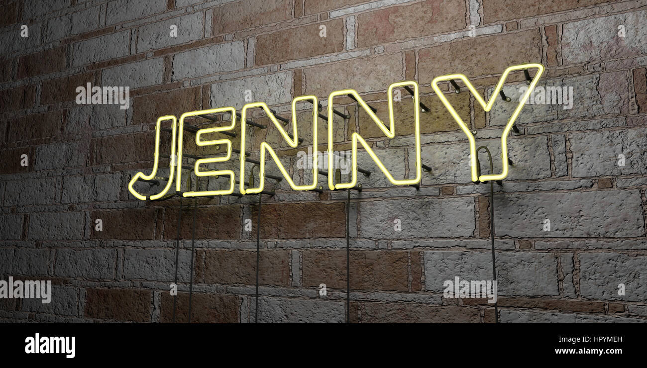 JENNY - Glowing Neon Sign on stonework wall - 3D rendered royalty free ...