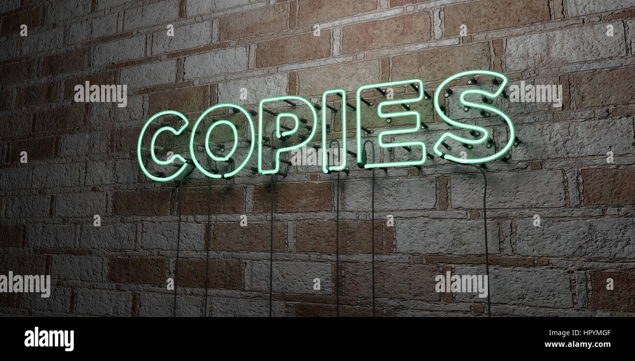 COPIES - Glowing Neon Sign on stonework wall - 3D rendered royalty free ...