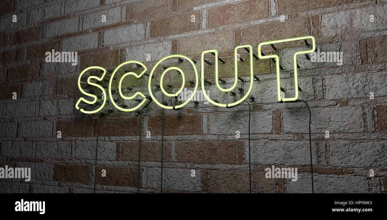 SCOUT - Glowing Neon Sign on stonework wall - 3D rendered royalty free ...
