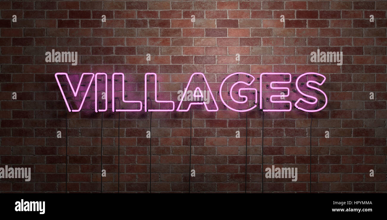 VILLAGES - fluorescent Neon tube Sign on brickwork - Front view - 3D ...