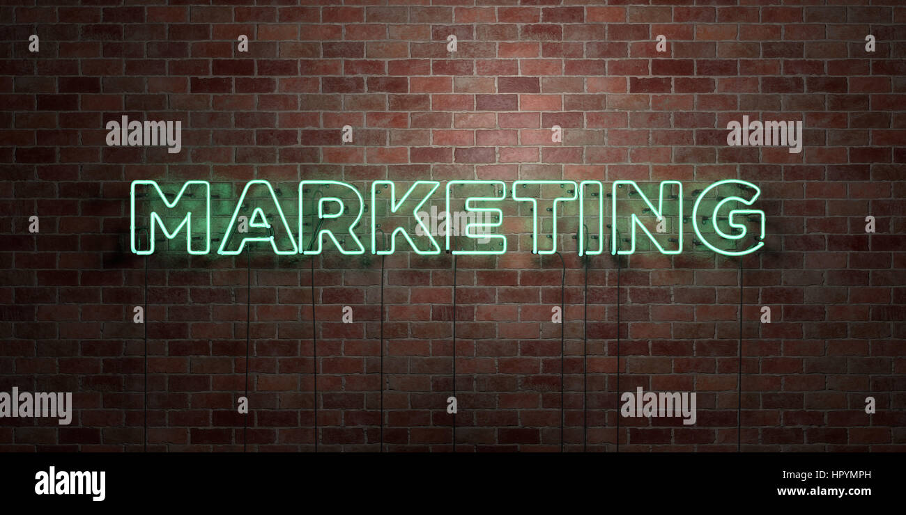 MARKETING - fluorescent Neon tube Sign on brickwork - Front view - 3D ...