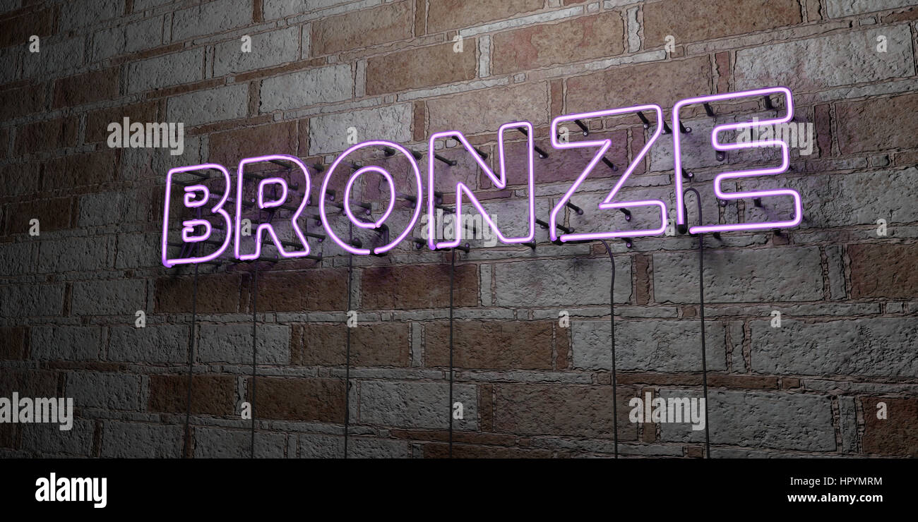 BRONZE - Glowing Neon Sign on stonework wall - 3D rendered royalty free ...