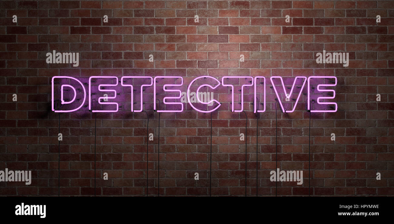 DETECTIVE - fluorescent Neon tube Sign on brickwork - Front view - 3D ...