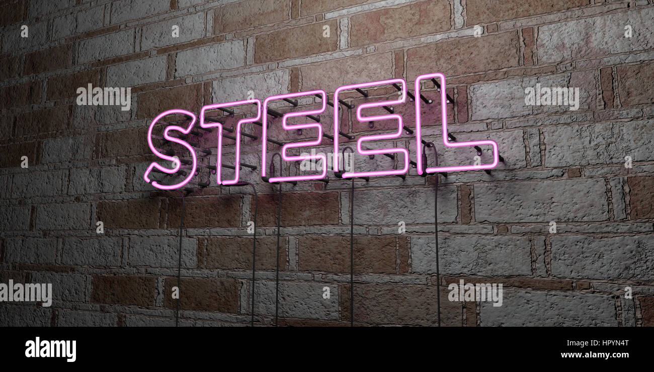 STEEL - Glowing Neon Sign on stonework wall - 3D rendered royalty free ...