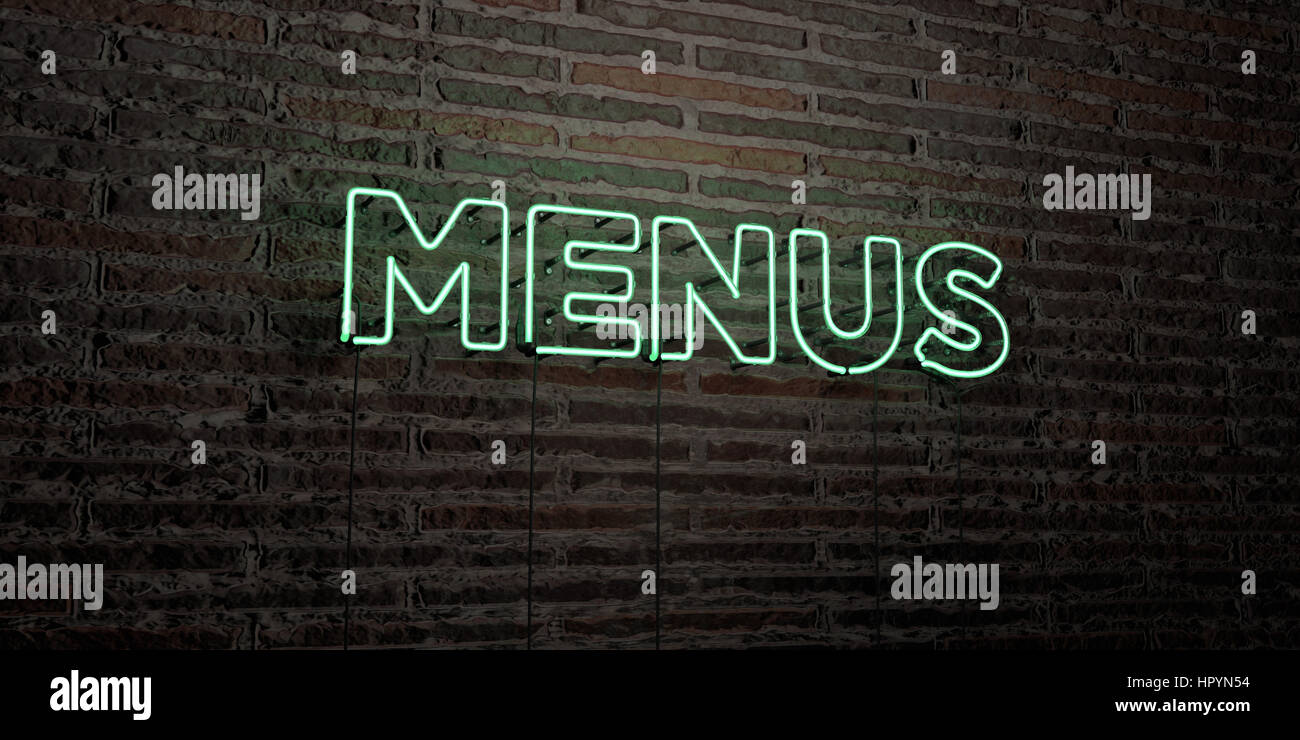 MENUS -Realistic Neon Sign on Brick Wall background - 3D rendered ...