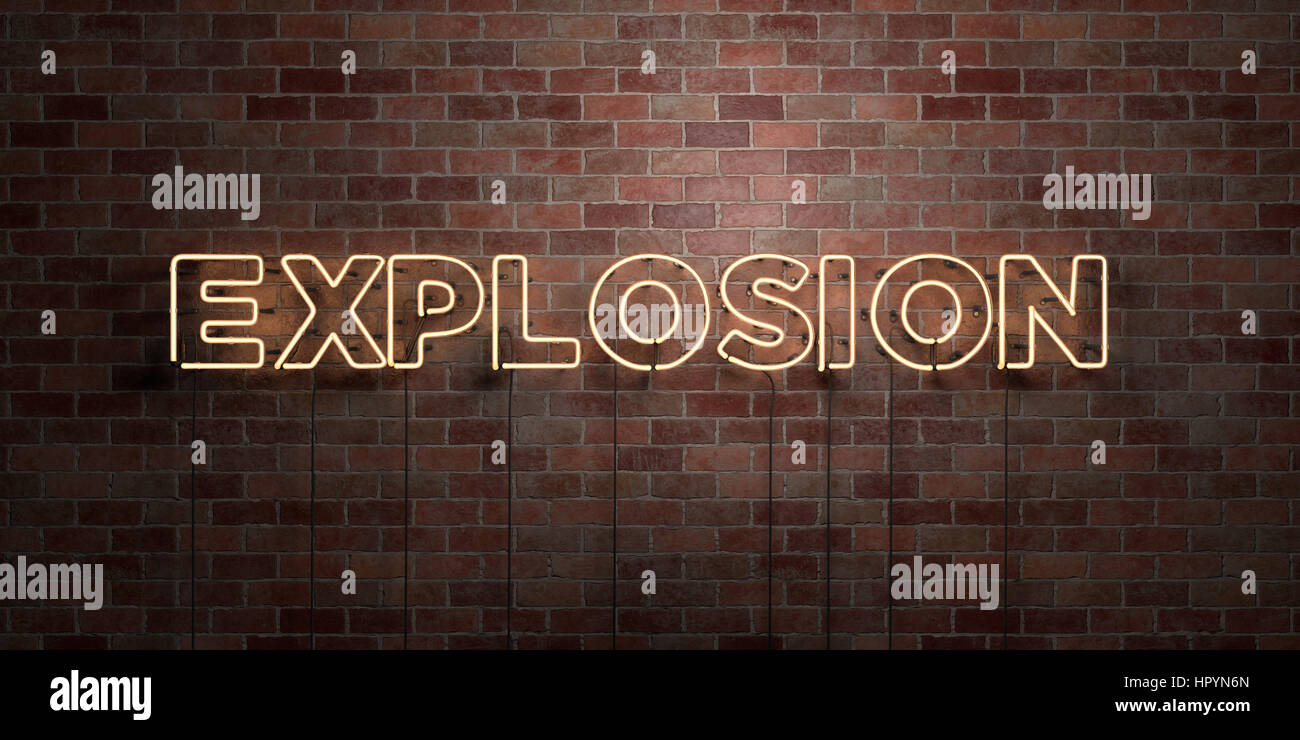 EXPLOSION - fluorescent Neon tube Sign on brickwork - Front view - 3D ...