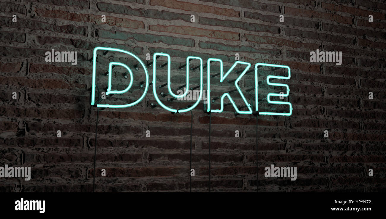 DUKE -Realistic Neon Sign on Brick Wall background - 3D rendered ...