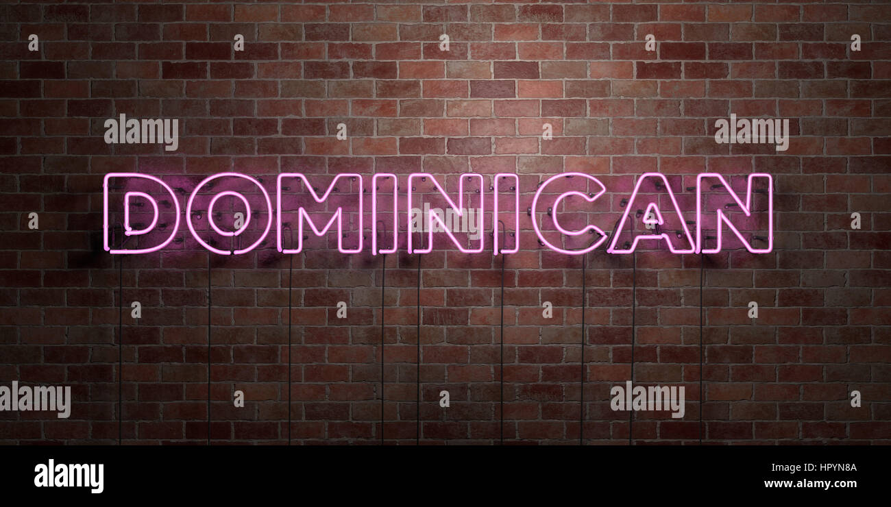 DOMINICAN - fluorescent Neon tube Sign on brickwork - Front view - 3D ...