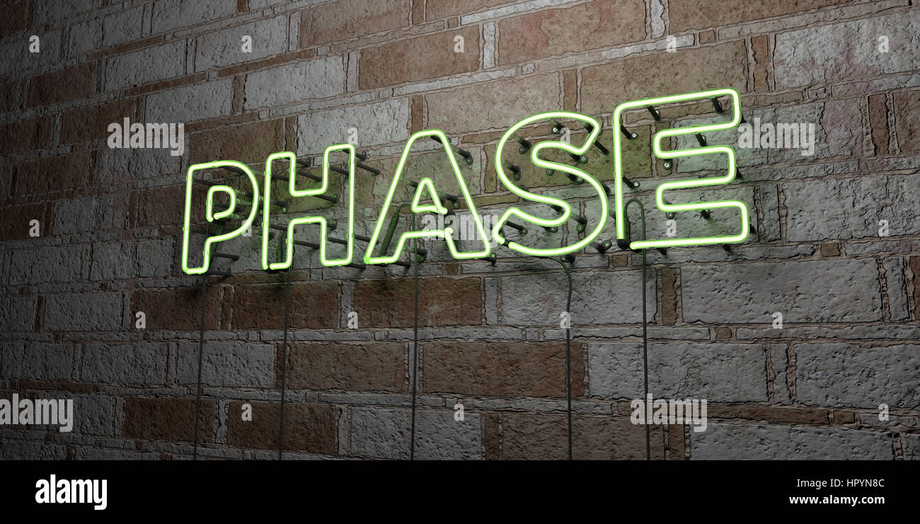 PHASE - Glowing Neon Sign on stonework wall - 3D rendered royalty free ...