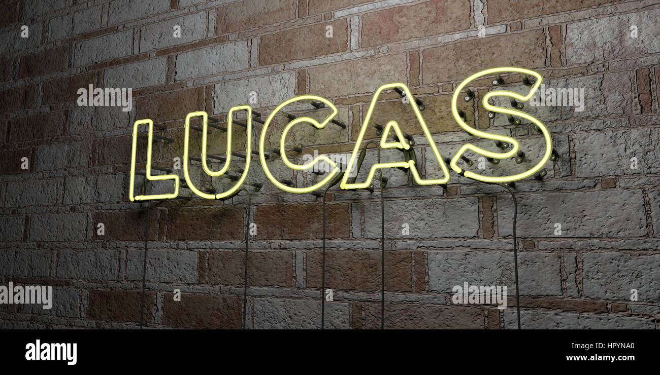 LUCAS - Glowing Neon Sign on stonework wall - 3D rendered royalty free ...