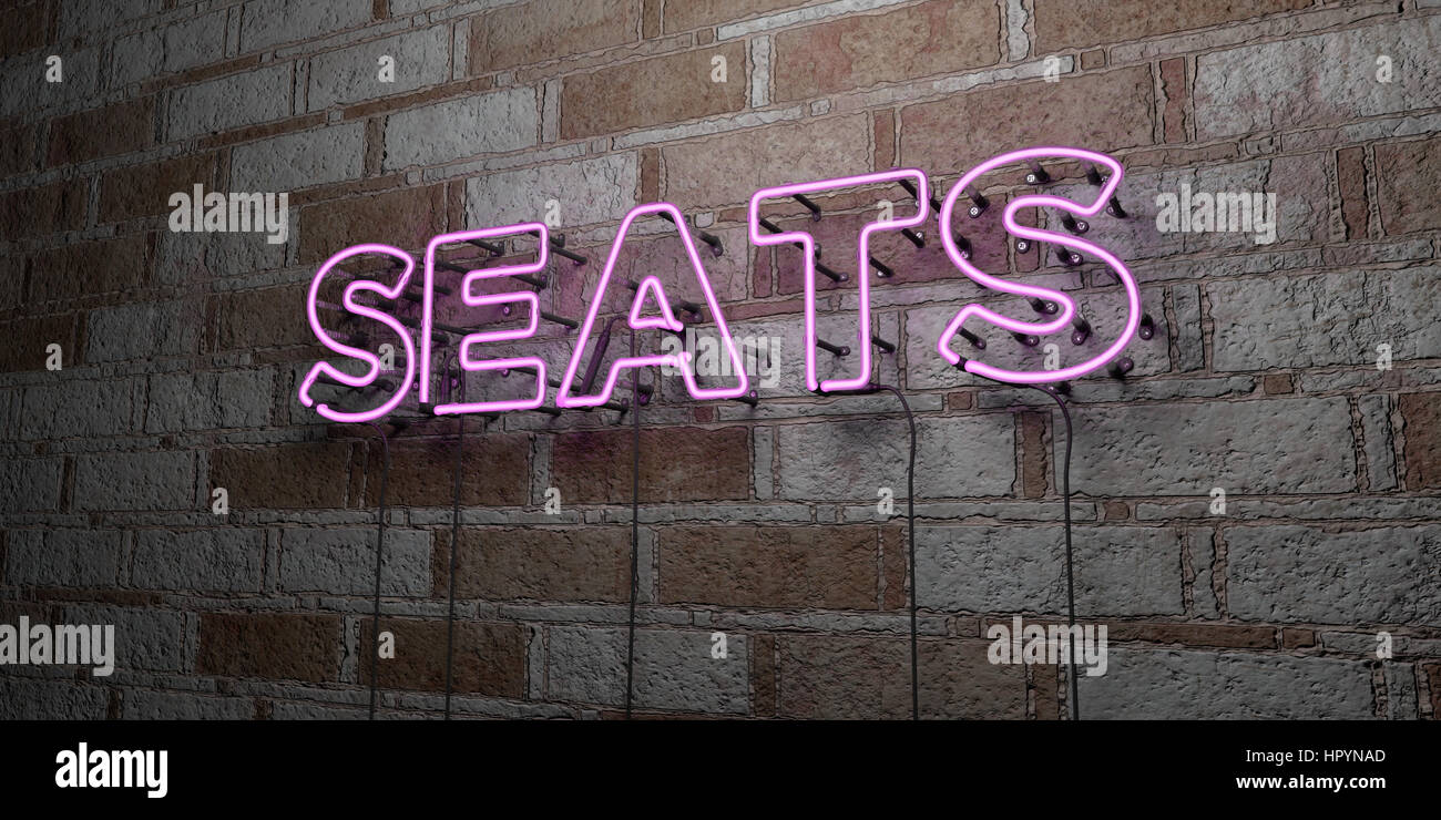 SEATS - Glowing Neon Sign on stonework wall - 3D rendered royalty free ...