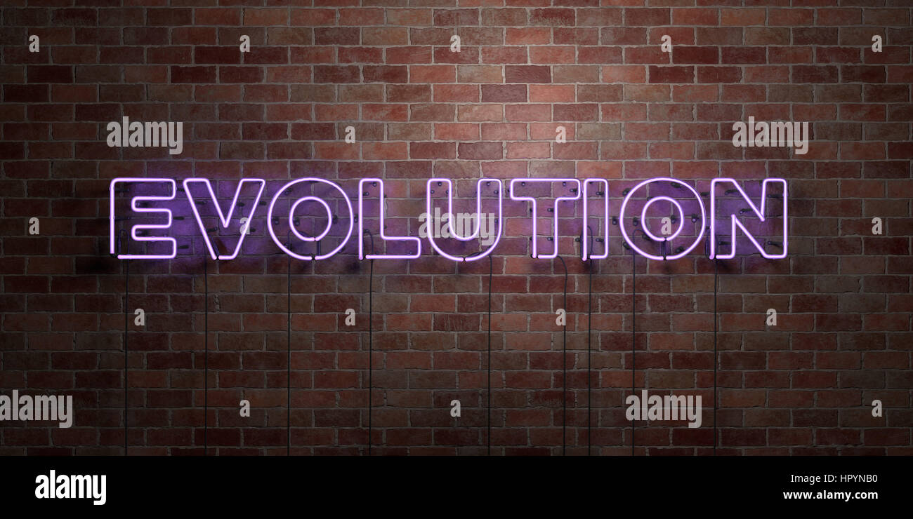 EVOLUTION - fluorescent Neon tube Sign on brickwork - Front view - 3D ...