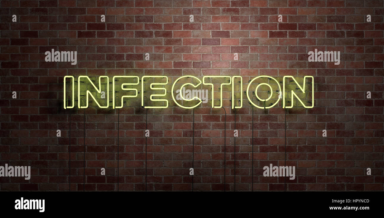 INFECTION - fluorescent Neon tube Sign on brickwork - Front view - 3D ...