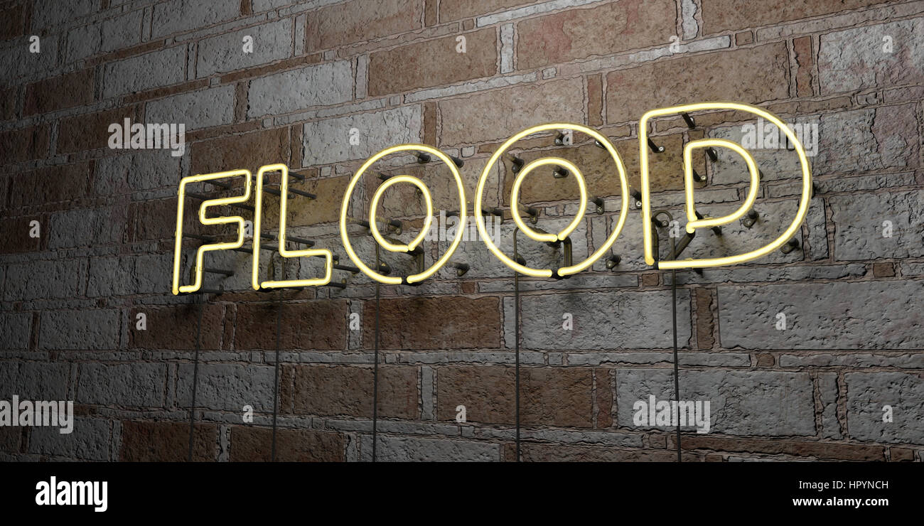 FLOOD - Glowing Neon Sign on stonework wall - 3D rendered royalty free ...