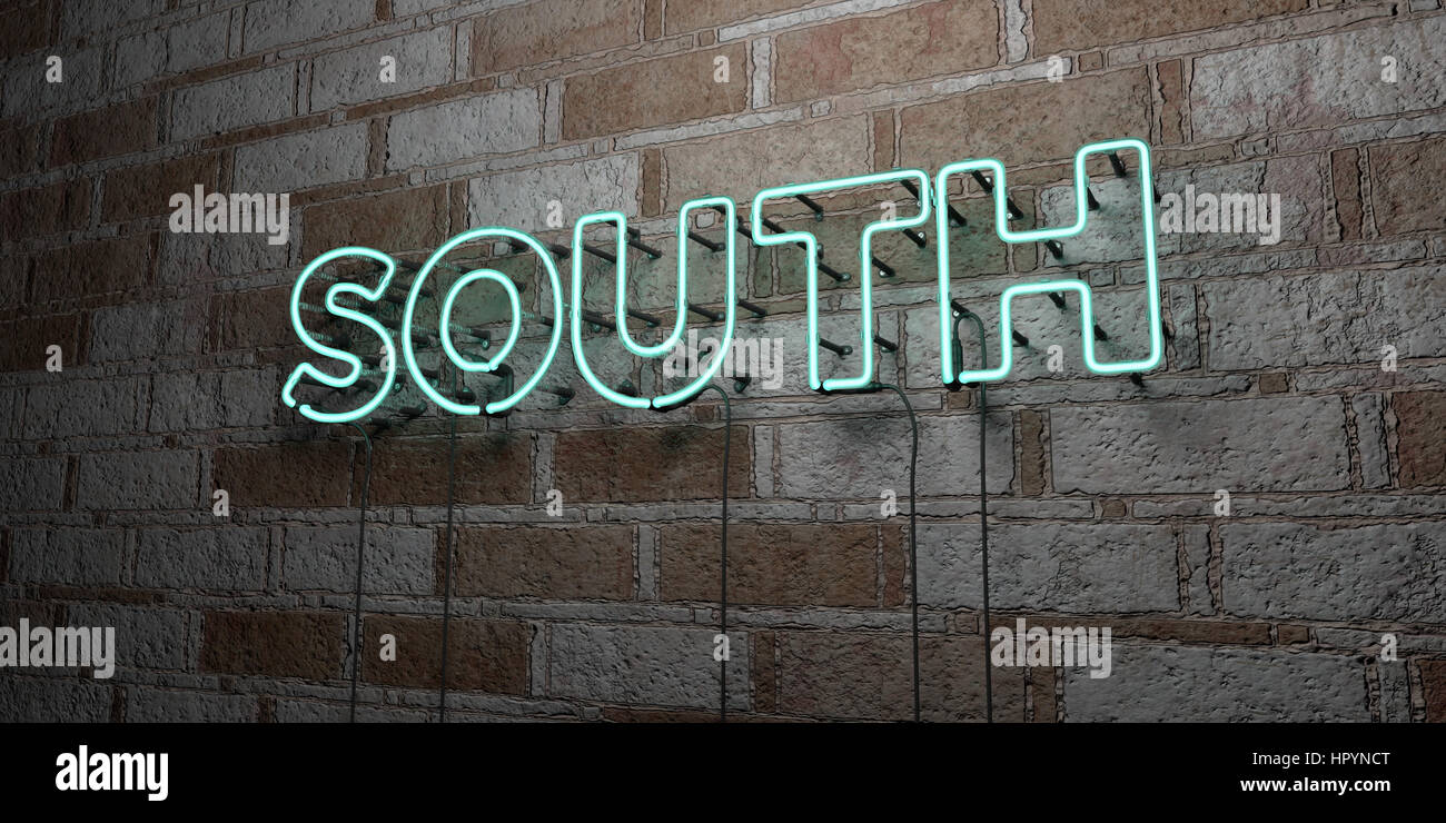 SOUTH - Glowing Neon Sign on stonework wall - 3D rendered royalty free ...