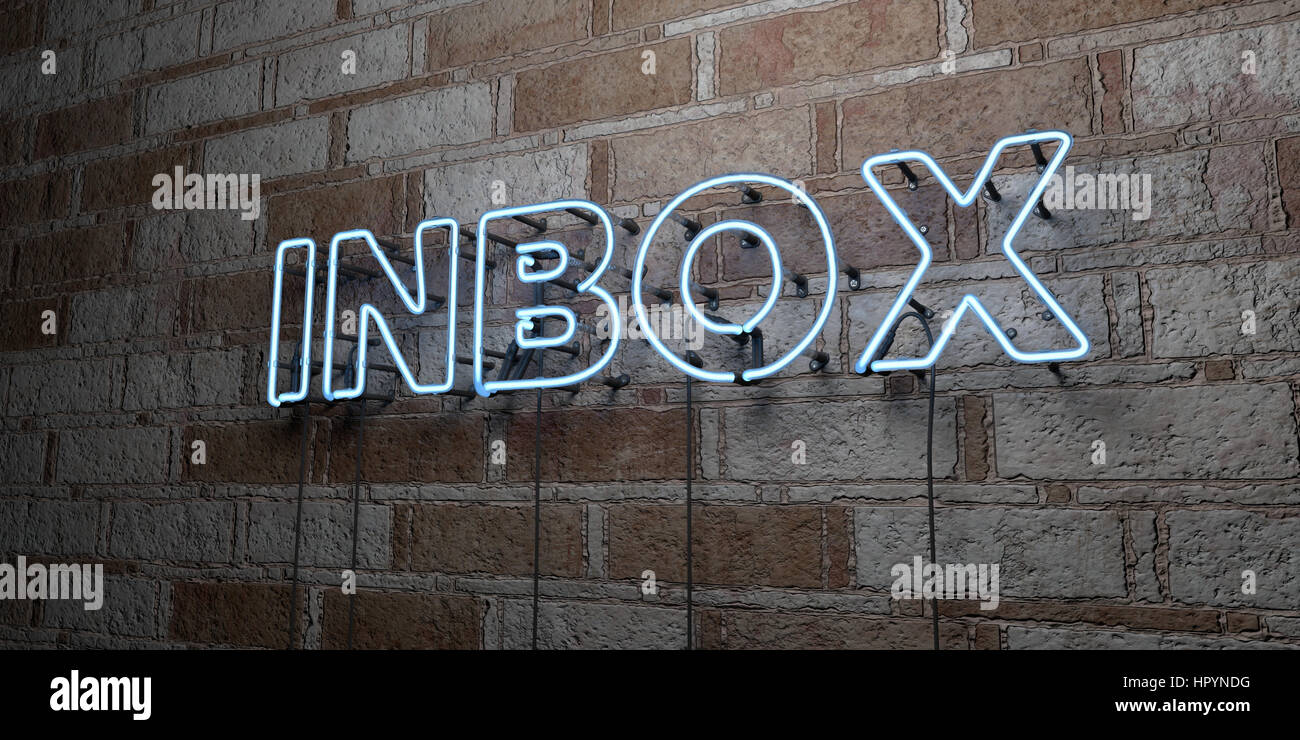INBOX - Glowing Neon Sign on stonework wall - 3D rendered royalty free ...