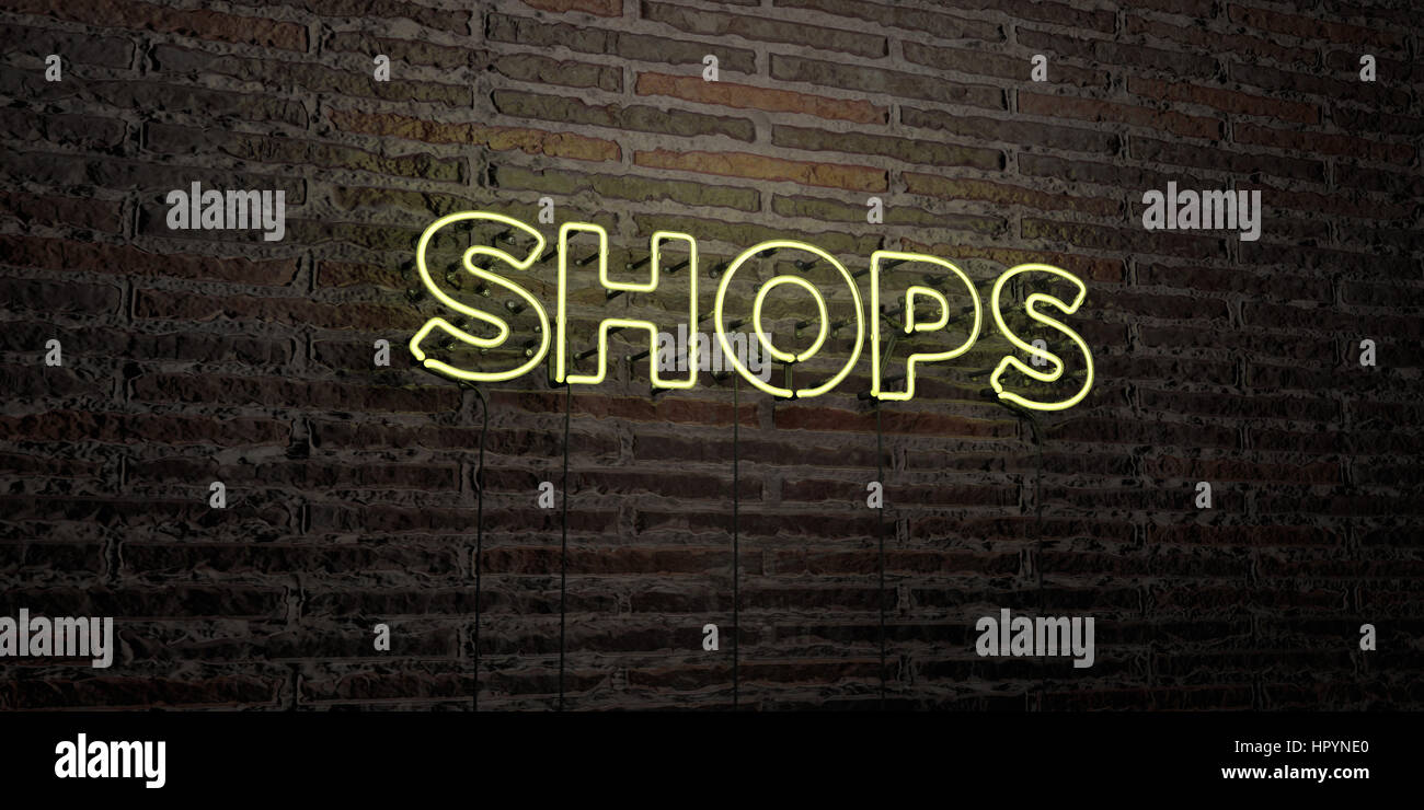 SHOPS -Realistic Neon Sign on Brick Wall background - 3D rendered ...