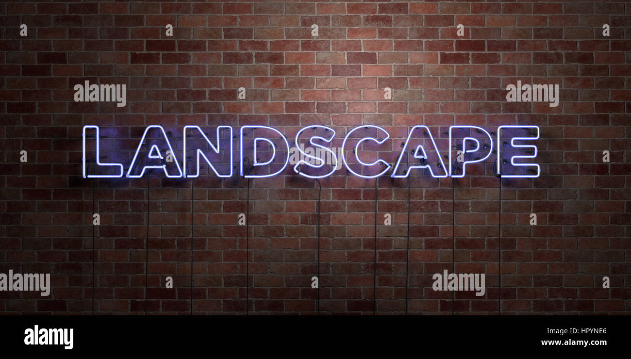 LANDSCAPE - fluorescent Neon tube Sign on brickwork - Front view - 3D ...