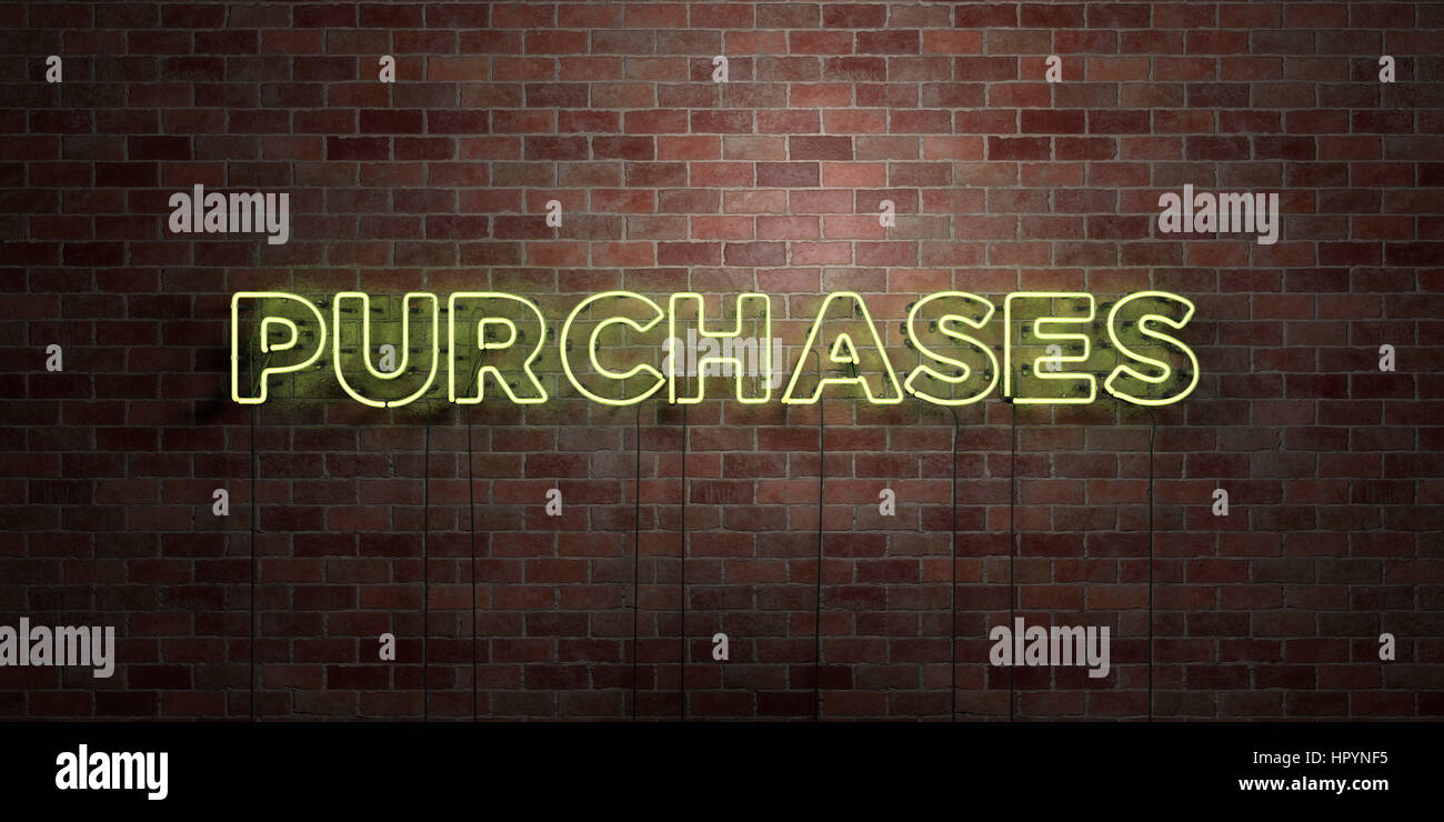 PURCHASES - fluorescent Neon tube Sign on brickwork - Front view - 3D ...