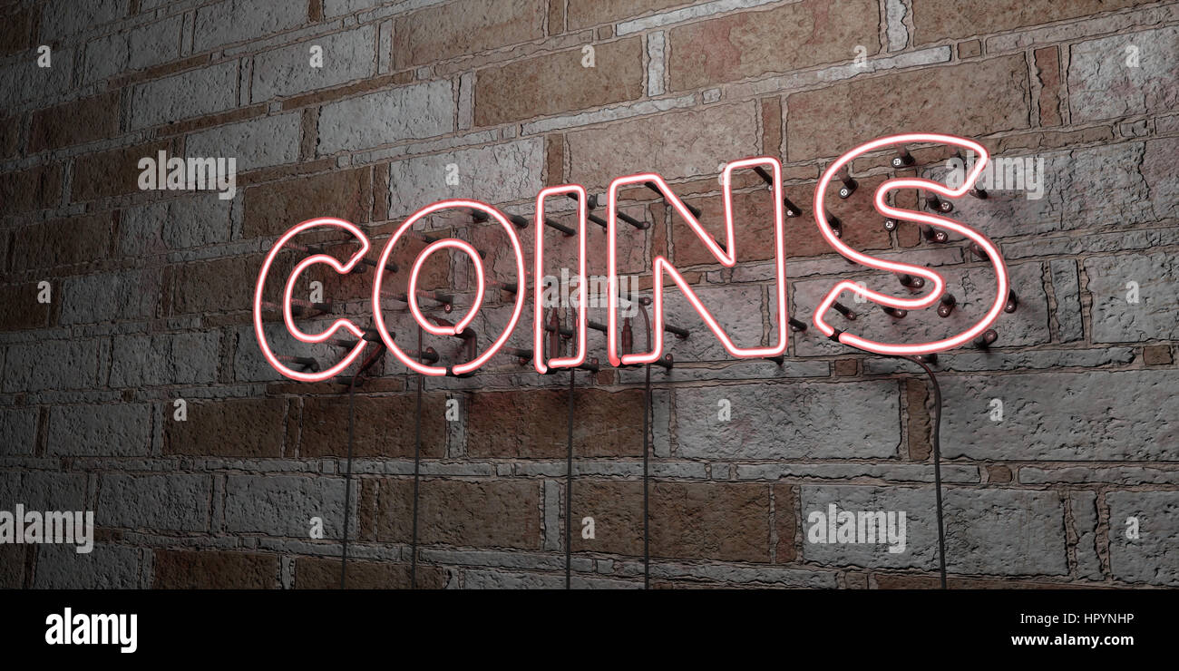 COINS - Glowing Neon Sign on stonework wall - 3D rendered royalty free ...