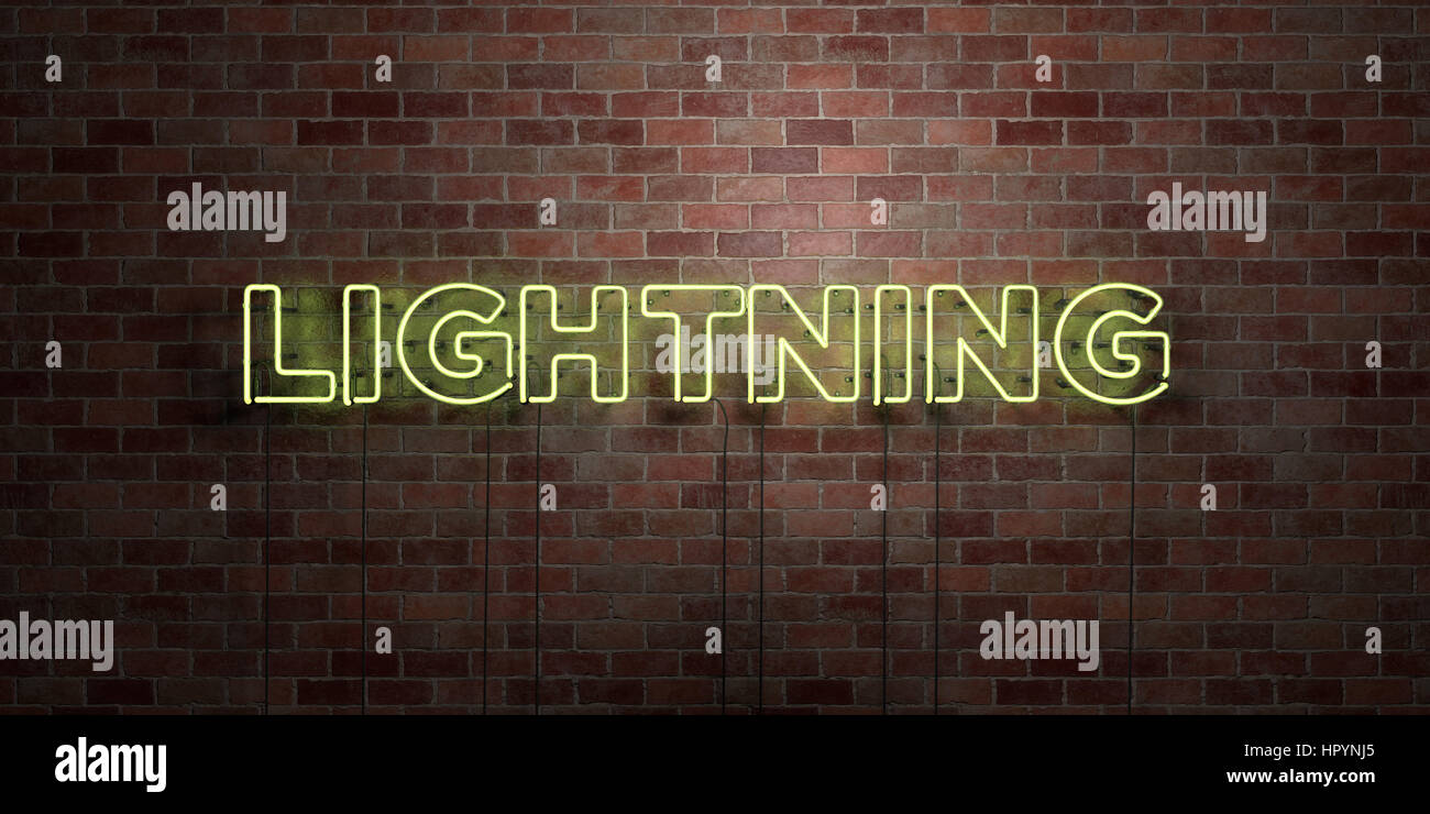 LIGHTNING - fluorescent Neon tube Sign on brickwork - Front view - 3D ...