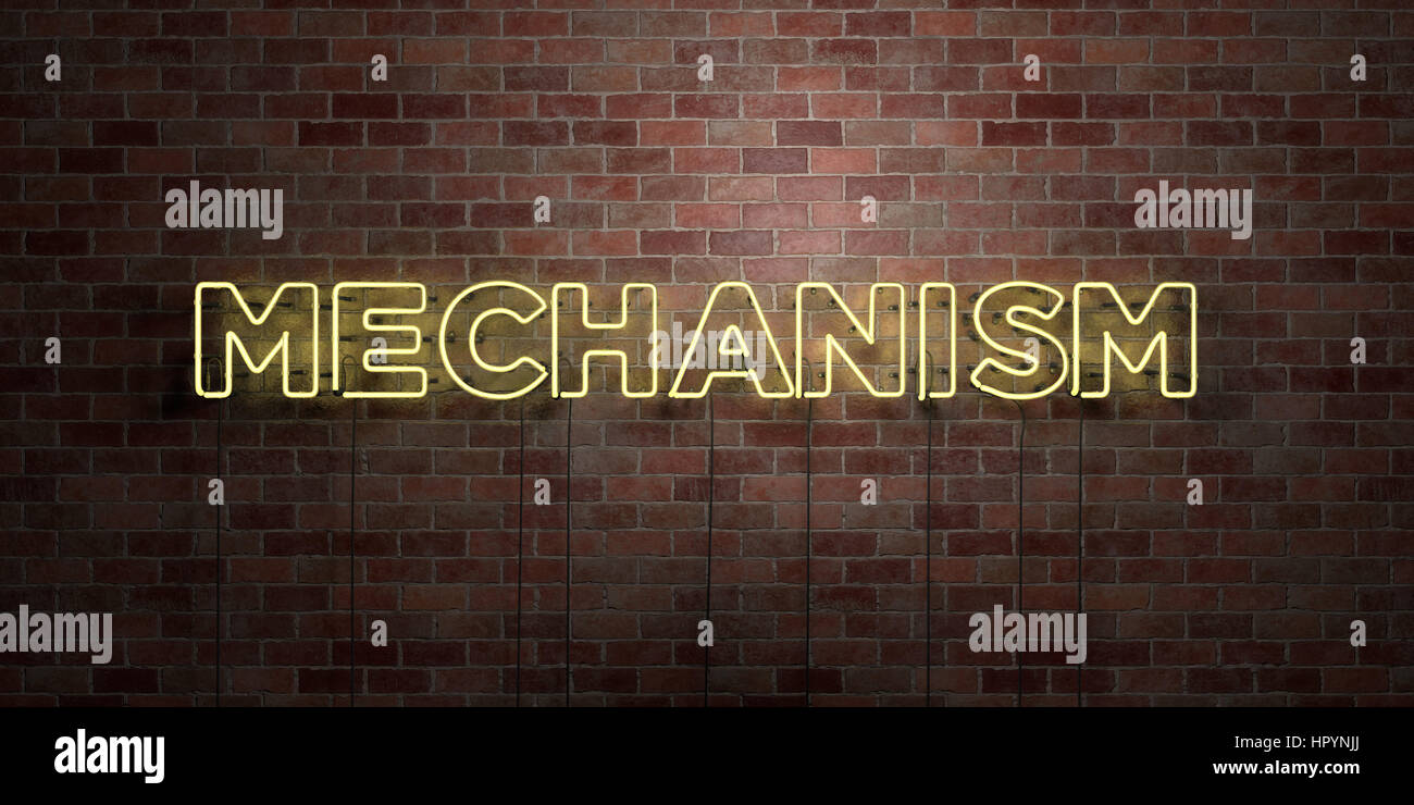 MECHANISM - fluorescent Neon tube Sign on brickwork - Front view - 3D ...