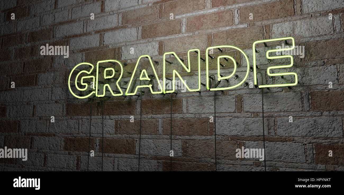 GRANDE - Glowing Neon Sign on stonework wall - 3D rendered royalty free ...