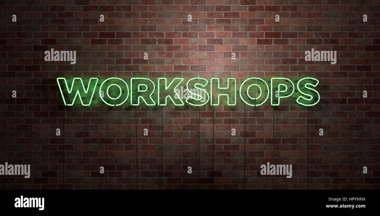 WORKSHOPS - fluorescent Neon tube Sign on brickwork - Front view - 3D ...