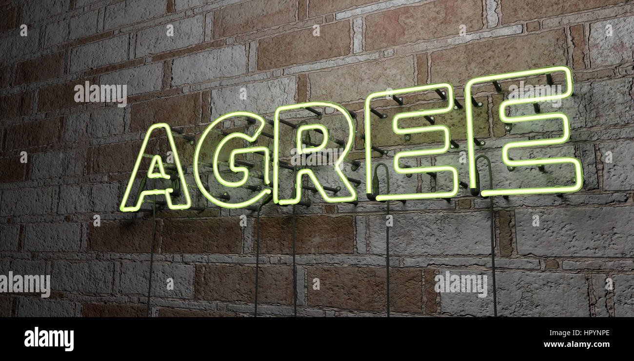AGREE - Glowing Neon Sign on stonework wall - 3D rendered royalty free ...