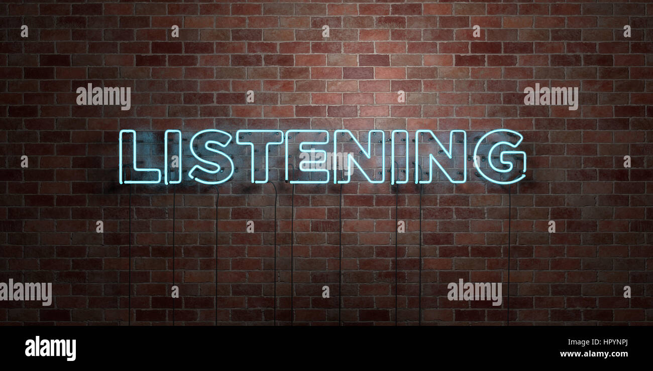 LISTENING - fluorescent Neon tube Sign on brickwork - Front view - 3D ...