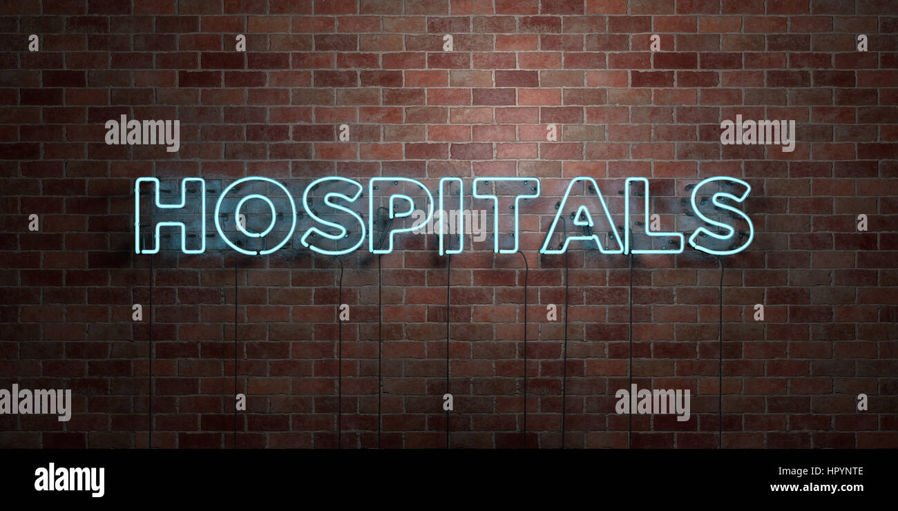 HOSPITALS - fluorescent Neon tube Sign on brickwork - Front view - 3D ...