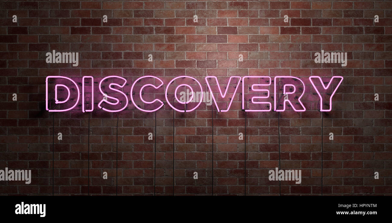 DISCOVERY - fluorescent Neon tube Sign on brickwork - Front view - 3D ...