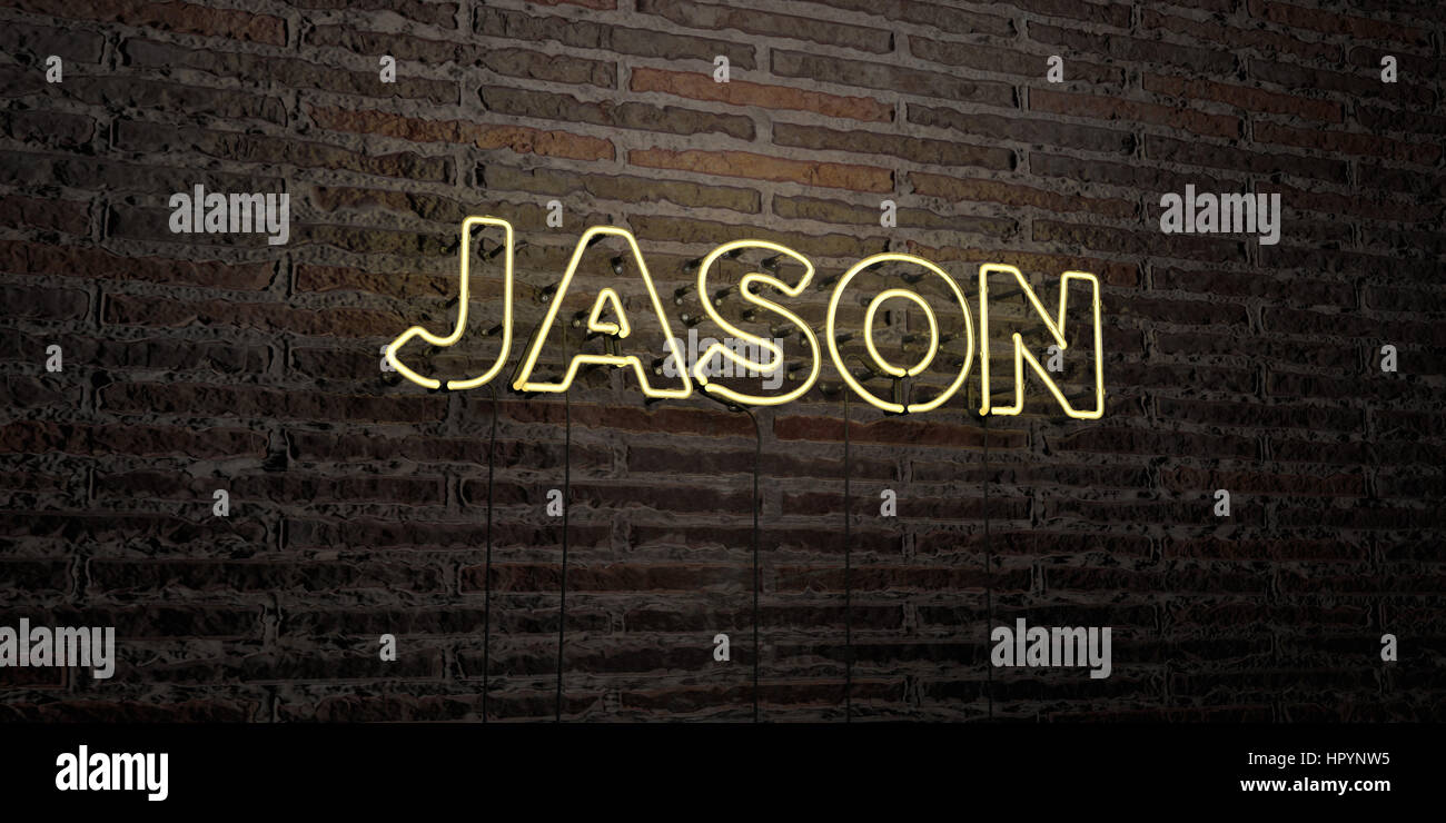 JASON -Realistic Neon Sign on Brick Wall background - 3D rendered ...