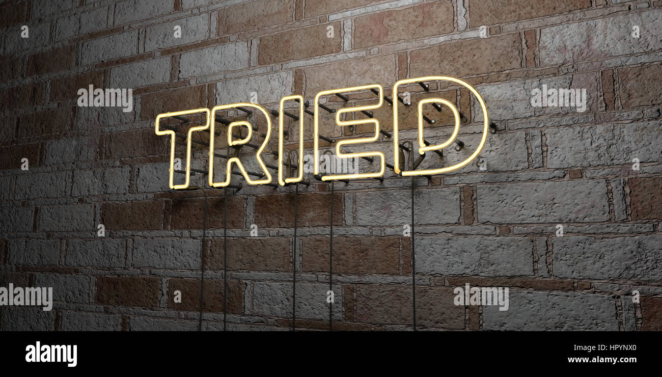 TRIED - Glowing Neon Sign on stonework wall - 3D rendered royalty free ...