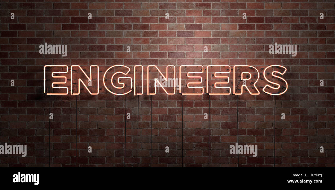 ENGINEERS - fluorescent Neon tube Sign on brickwork - Front view - 3D ...