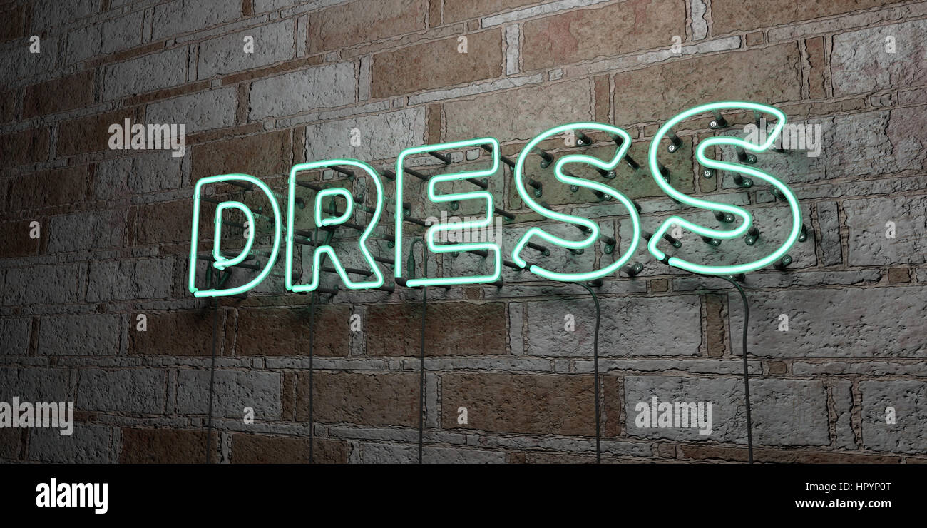 DRESS - Glowing Neon Sign on stonework wall - 3D rendered royalty free ...