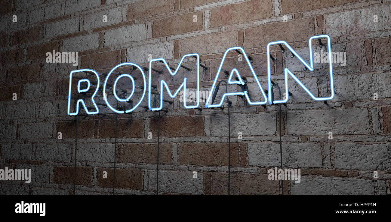 ROMAN - Glowing Neon Sign on stonework wall - 3D rendered royalty free ...