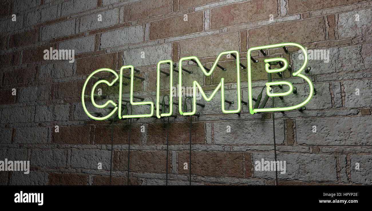 CLIMB - Glowing Neon Sign on stonework wall - 3D rendered royalty free ...