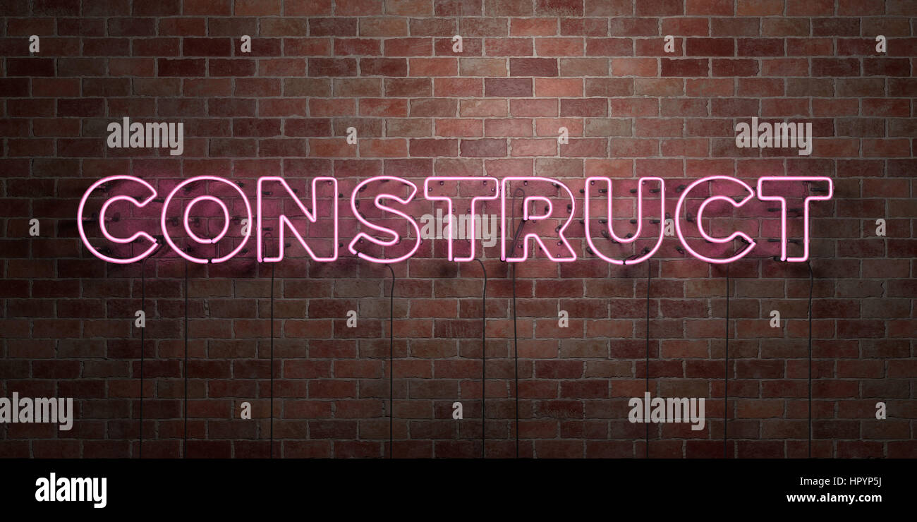 CONSTRUCT - fluorescent Neon tube Sign on brickwork - Front view - 3D ...