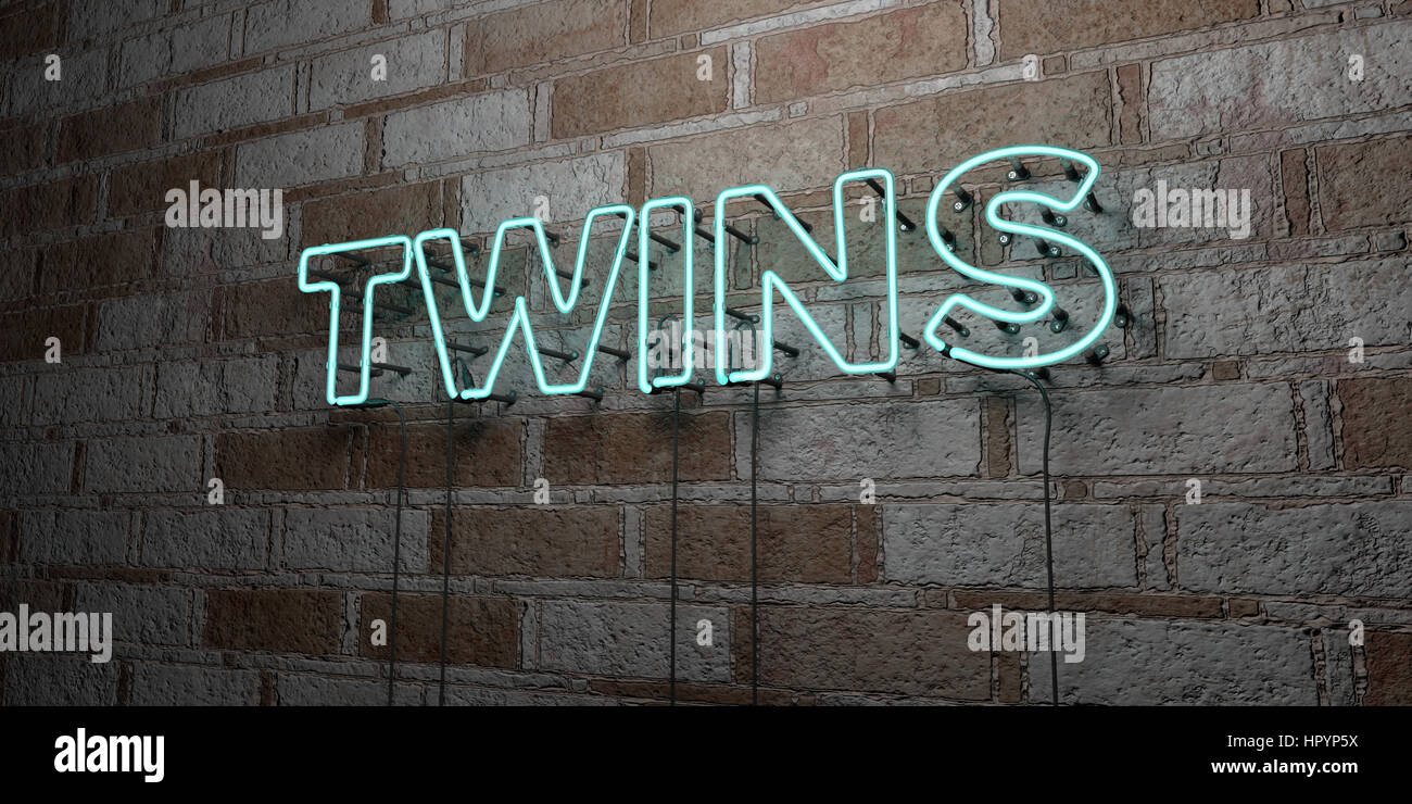 TWINS - Glowing Neon Sign on stonework wall - 3D rendered royalty free ...