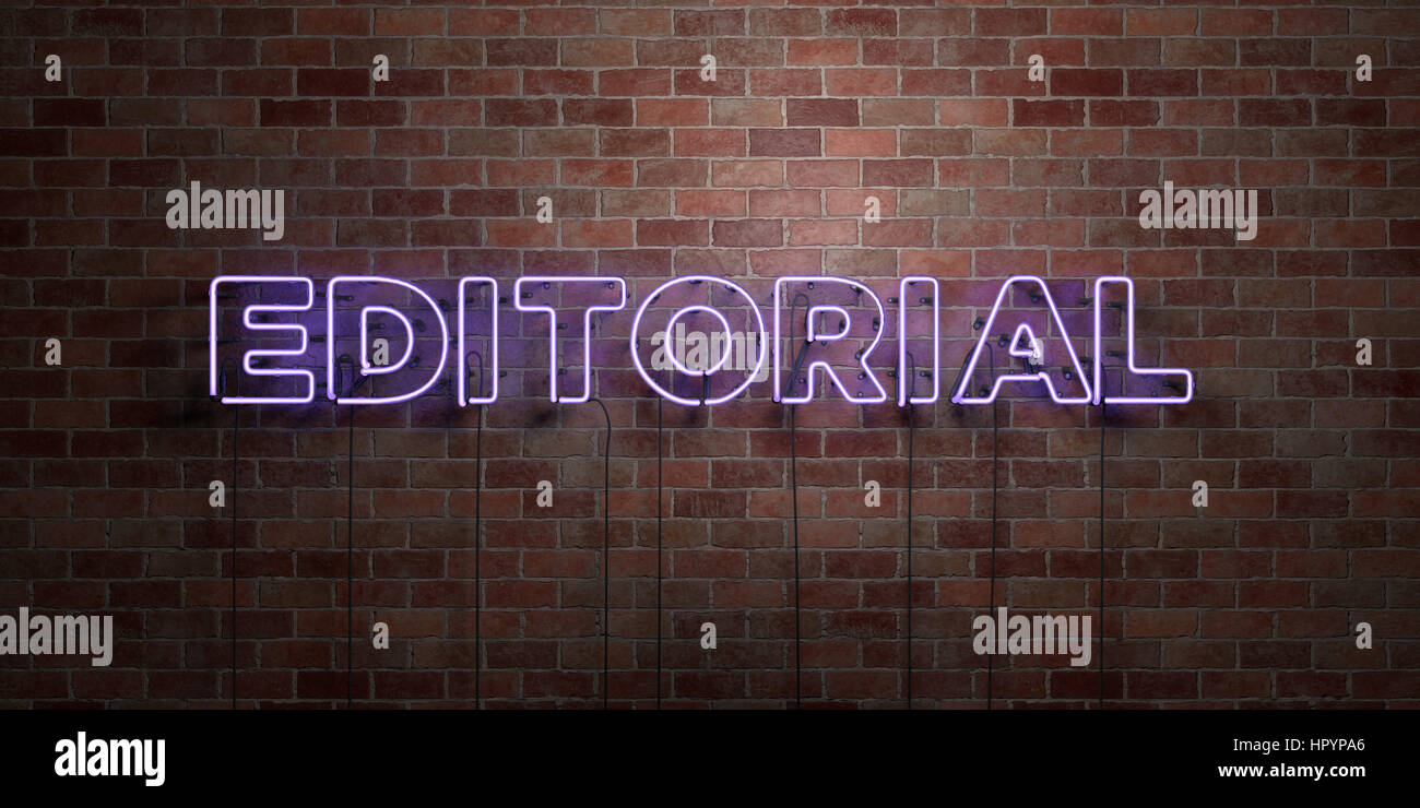 EDITORIAL - fluorescent Neon tube Sign on brickwork - Front view - 3D ...