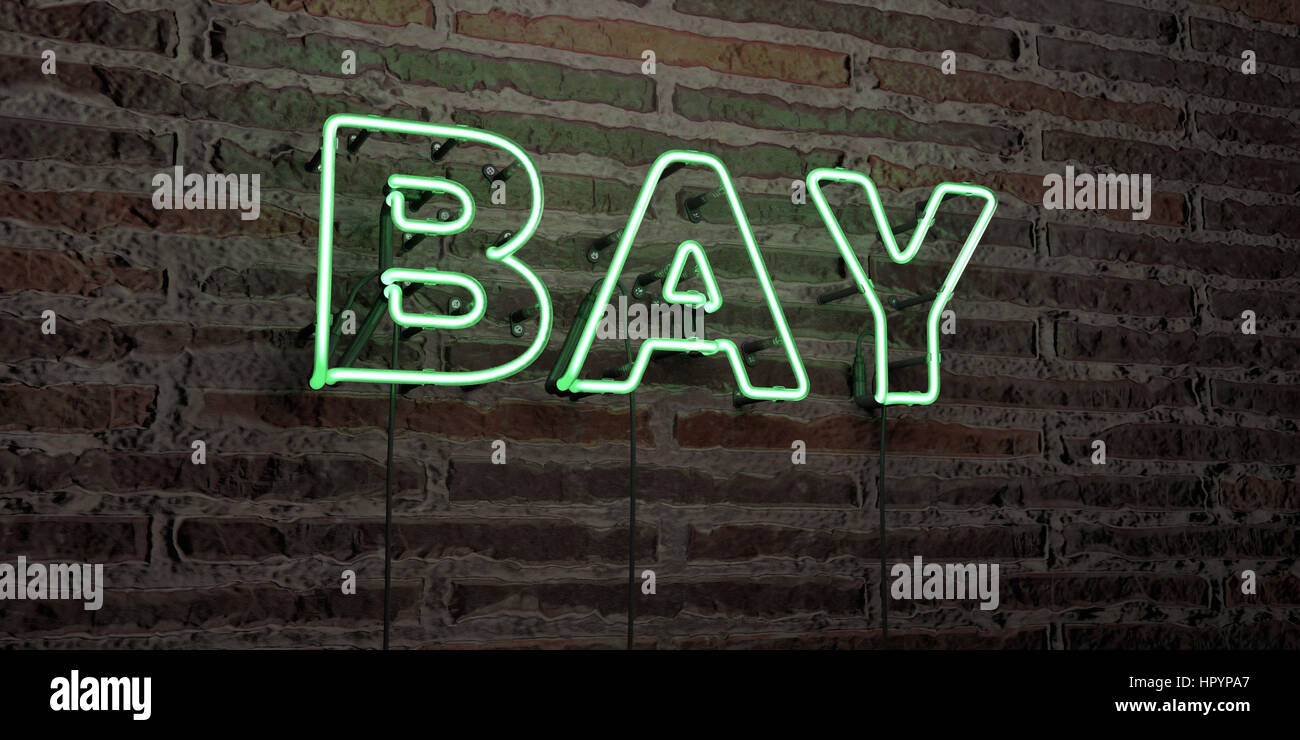 BAY -Realistic Neon Sign on Brick Wall background - 3D rendered royalty ...