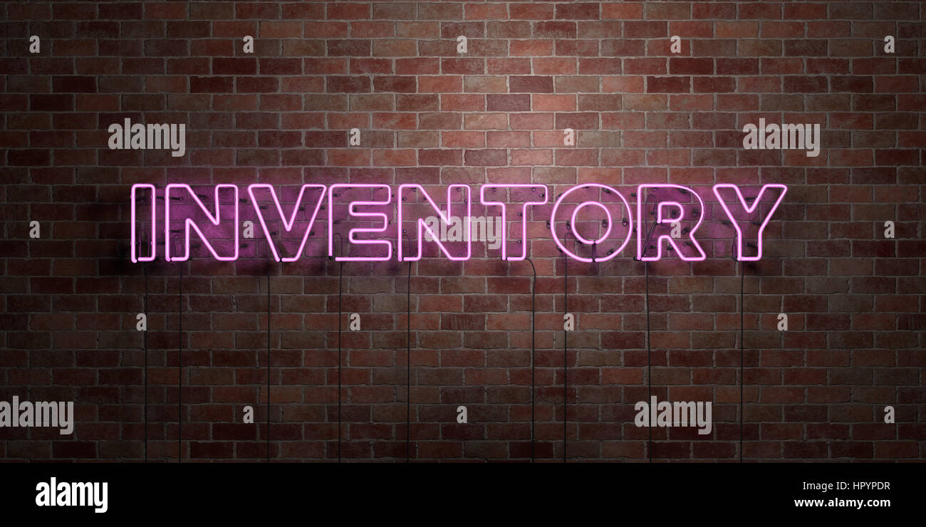INVENTORY - fluorescent Neon tube Sign on brickwork - Front view - 3D ...
