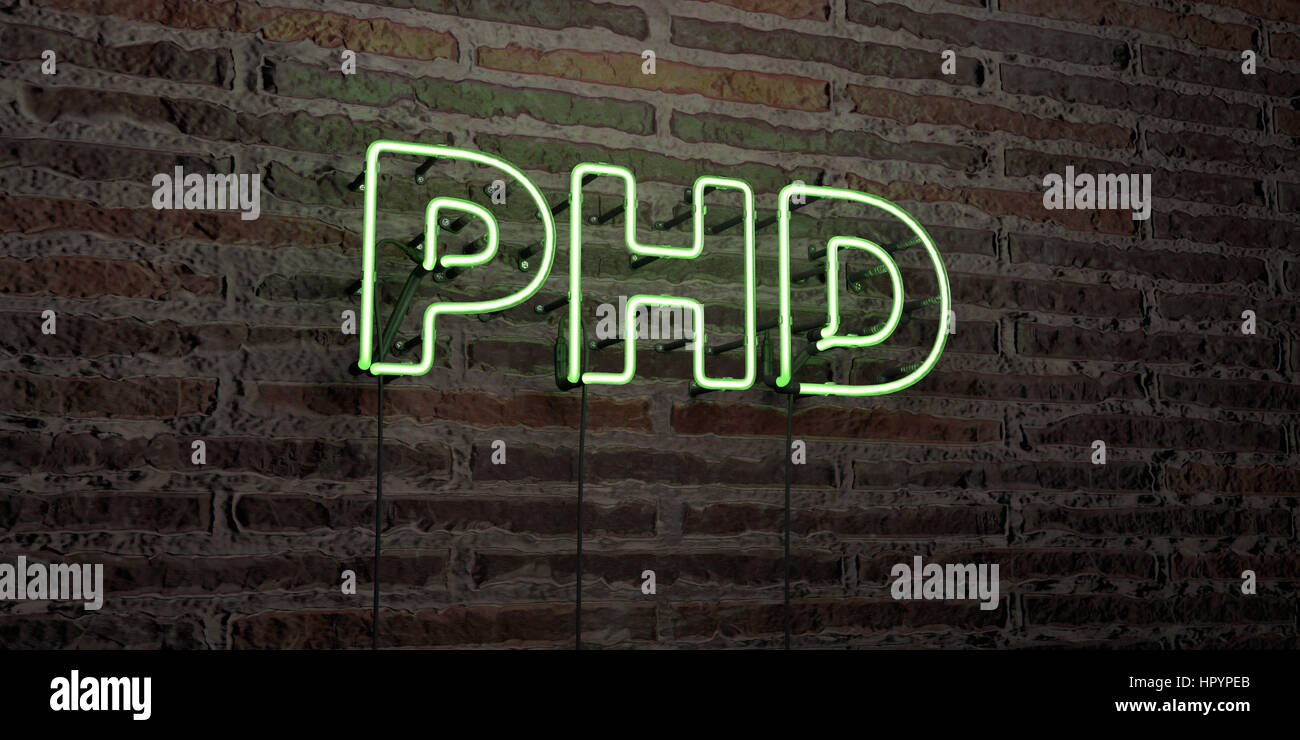 PHD -Realistic Neon Sign on Brick Wall background - 3D rendered royalty ...