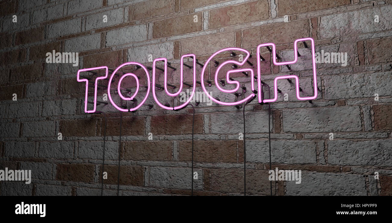 TOUGH - Glowing Neon Sign on stonework wall - 3D rendered royalty free ...