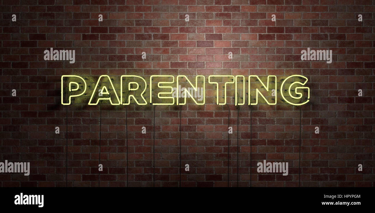 PARENTING - fluorescent Neon tube Sign on brickwork - Front view - 3D ...