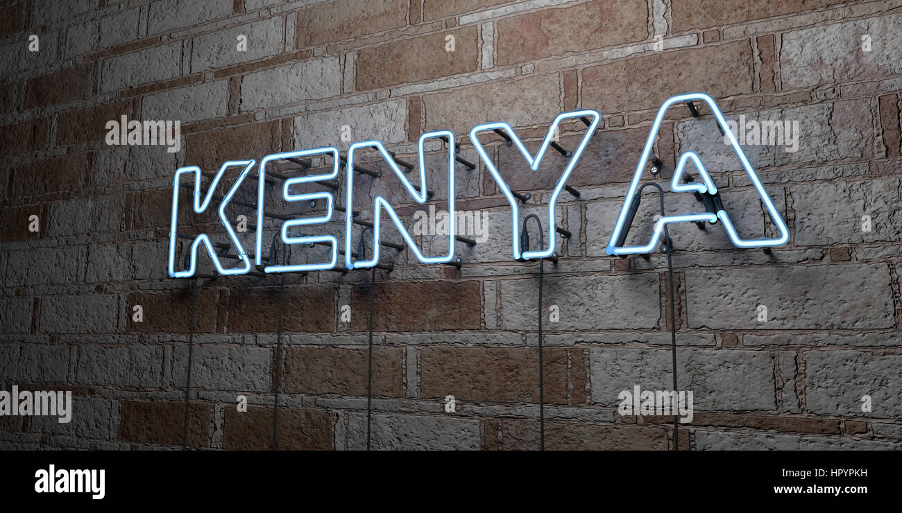 KENYA - Glowing Neon Sign on stonework wall - 3D rendered royalty free ...